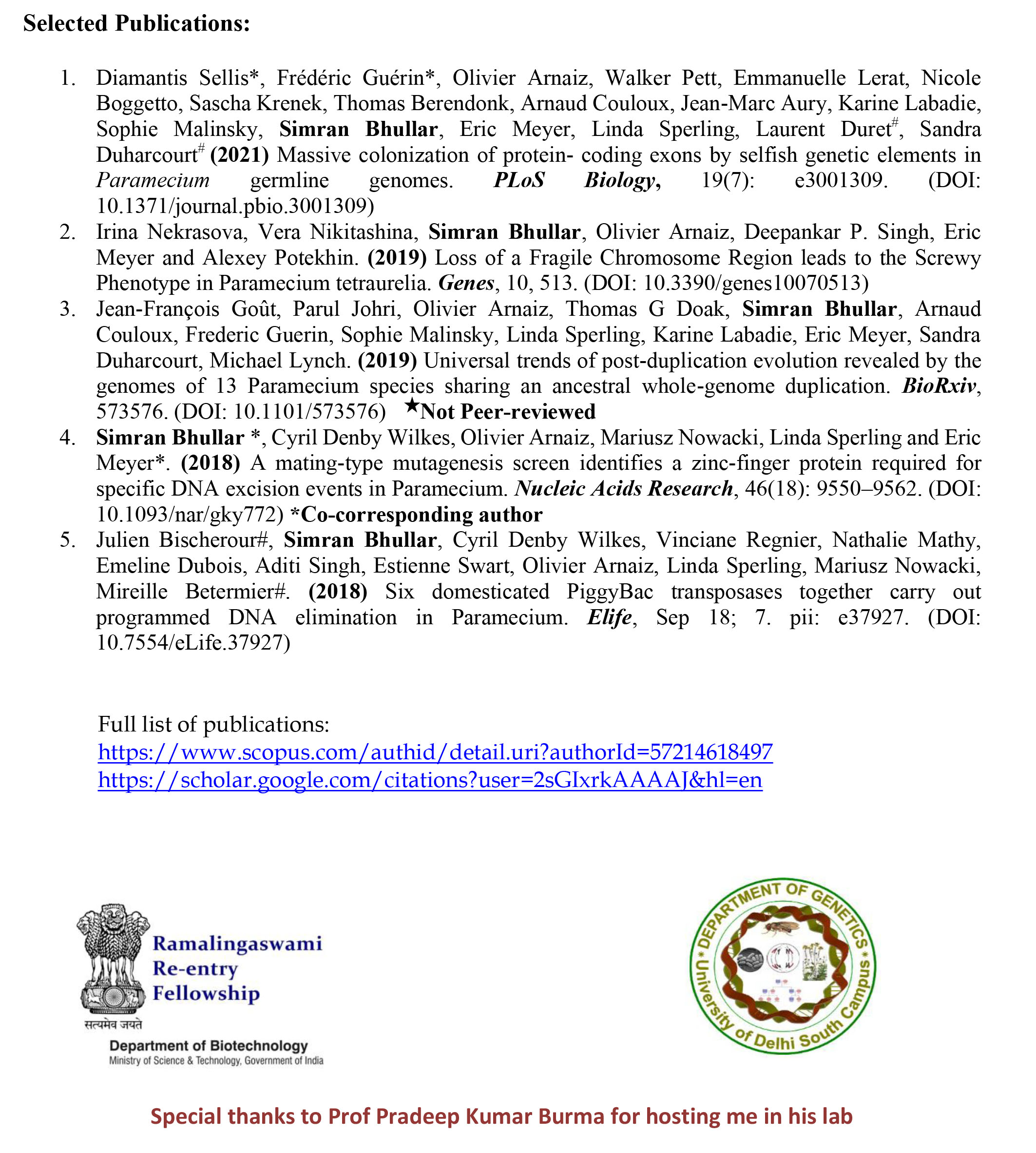 Department of Genetics – Programmed Genome Rearrangements Group - Dr. Simran Bhullar